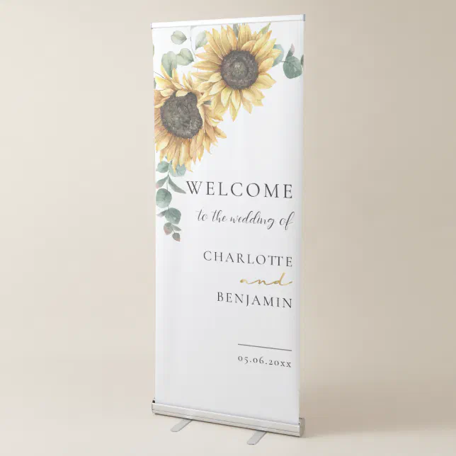 Watercolor Sunflower Eucalyptus Wedding Welcome Retractable Banner | Zazzle