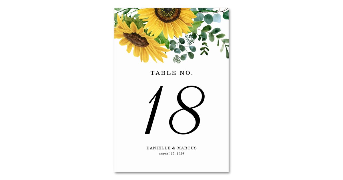 Watercolor Sunflowers and Eucalyptus Wedding Table Number | Zazzle