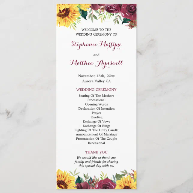 Watercolor Sunflowers Floral Border Wedding Program | Zazzle