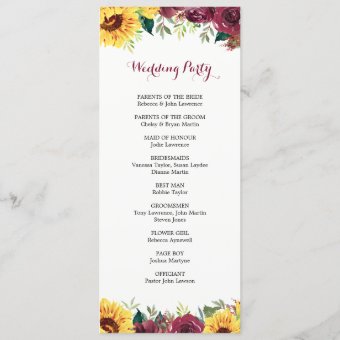 Watercolor Sunflowers Floral Border Wedding Program | Zazzle