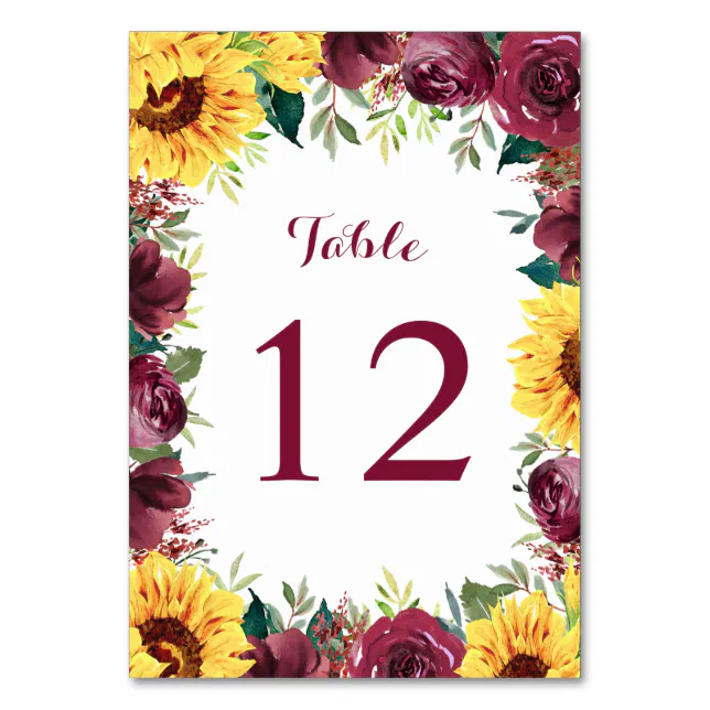 Watercolor Sunflowers Floral Border Wedding Table Number | Zazzle