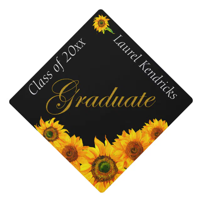 Watercolor Sunflowers Gold Foil Graduate Graduation Cap Topper | Zazzle