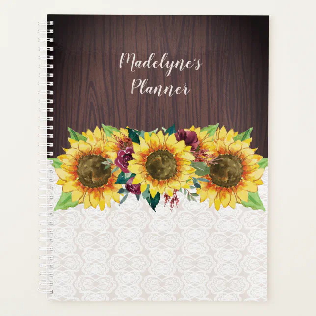 Watercolor Sunflowers Lace Wood Rustic Name Planner | Zazzle