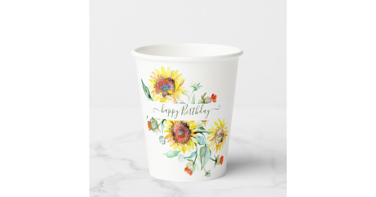 Watercolor sunflowers personalized paper cups | Zazzle