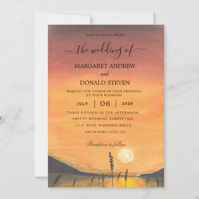 watercolor sunset barn wedding invitation | Zazzle