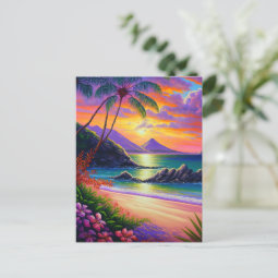 Watercolor Sunset Beach Background Postcard | Zazzle