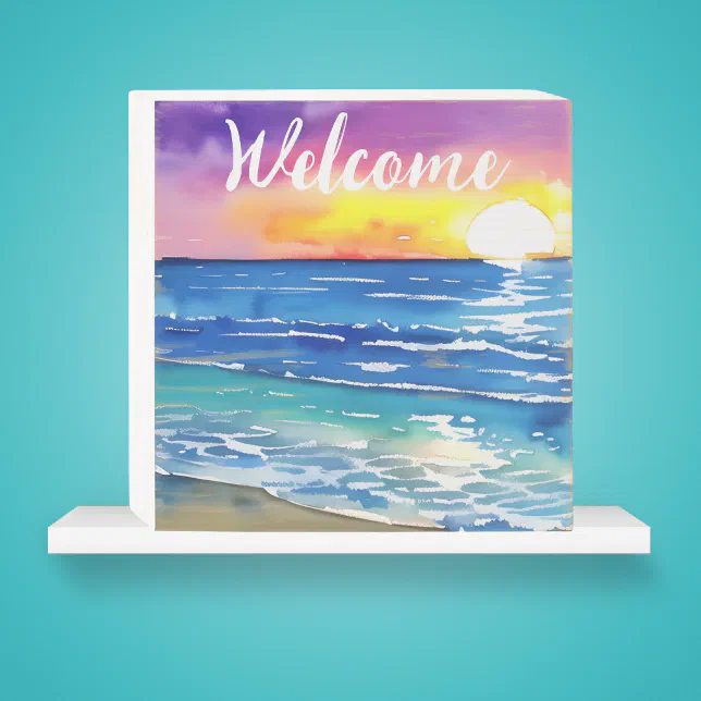 Watercolor Sunset Over the Ocean Welcome Wooden Box Sign | Zazzle