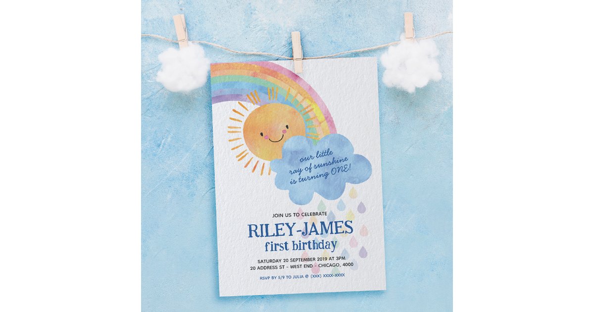 Watercolor Sunshine and Rainbow Birthday Invitation | Zazzle