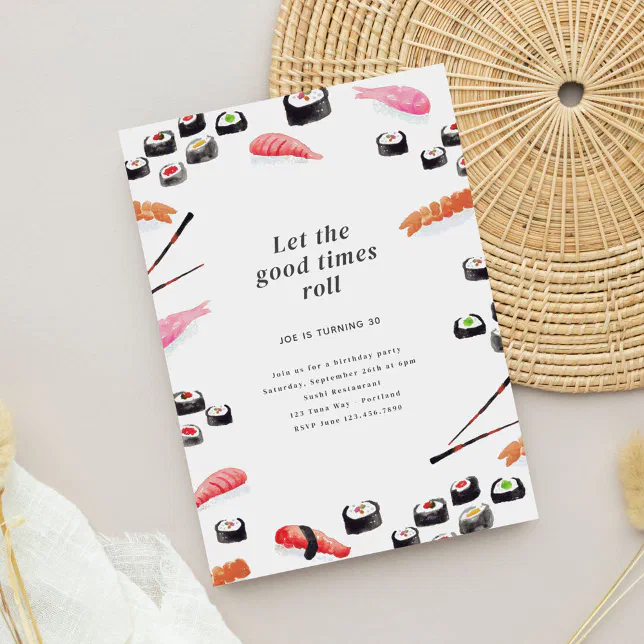 Watercolor Sushi Birthday Party Invitation | Zazzle