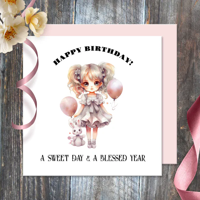 Watercolor Sweet Doll Girly Happy Birthday Card | Zazzle