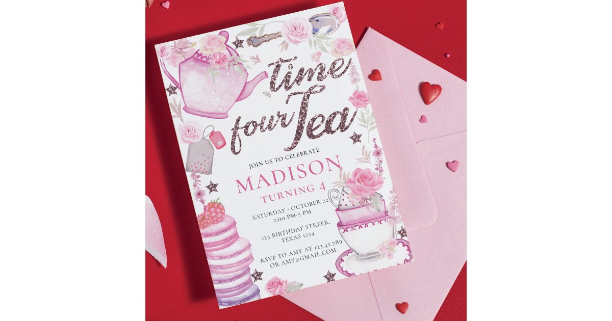 Watercolor Tea Party 4th Birthday Glitter Invitation | Zazzle