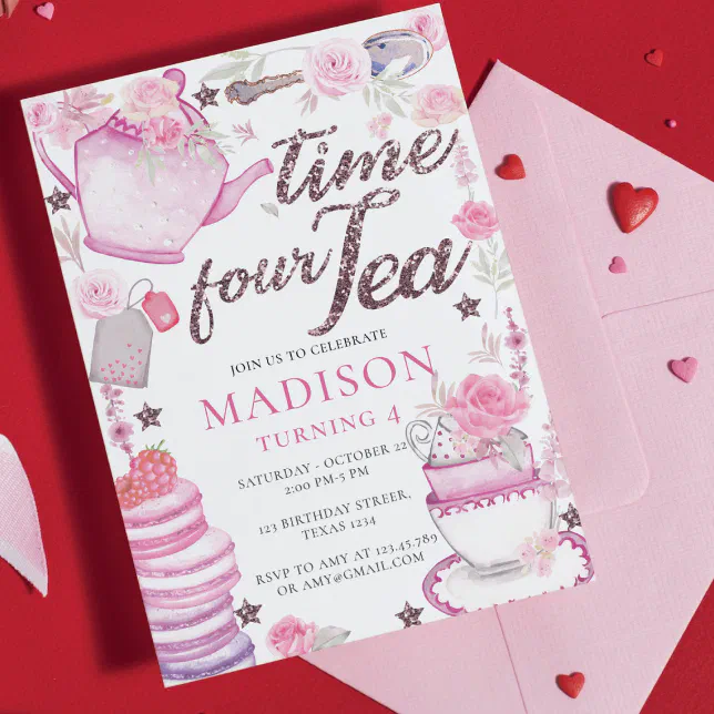 Watercolor Tea Party 4th Birthday Glitter Invitation | Zazzle