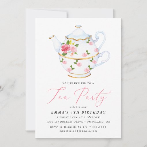 Watercolor Tea Party Kid's Birthday Party Invitation | Zazzle