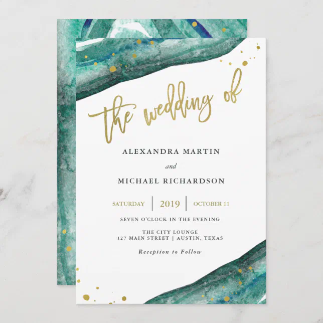 Watercolor Teal and Gold Geode Wedding Invitation | Zazzle