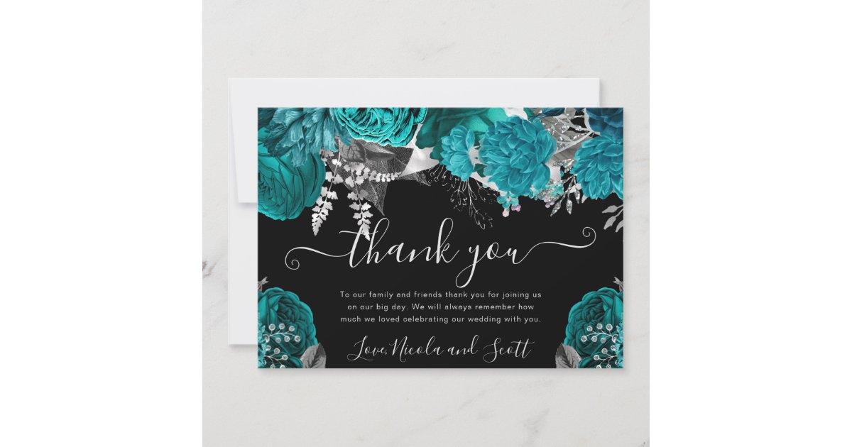 Watercolor Teal and Silver Roses Wedding Thank You Card | Zazzle