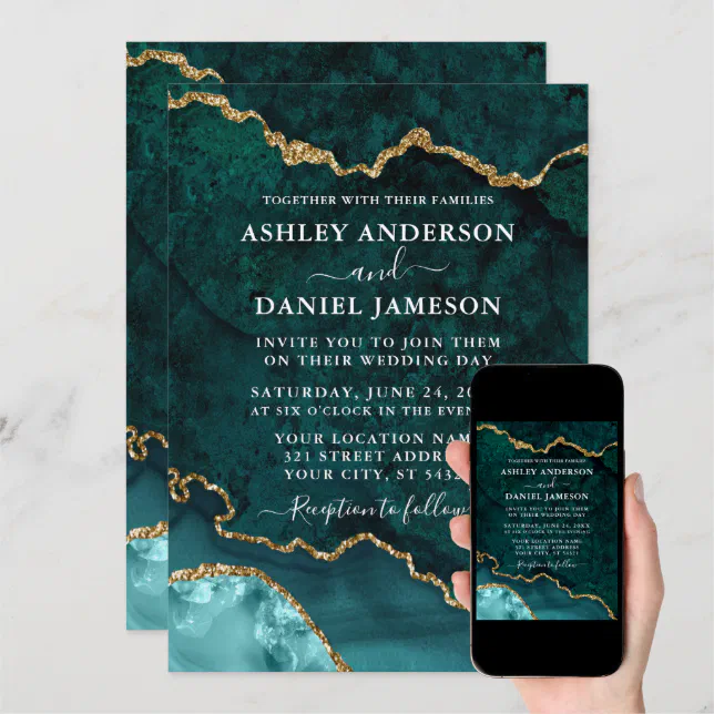 Watercolor Teal Gold Marble Agate Geode Wedding Invitation | Zazzle