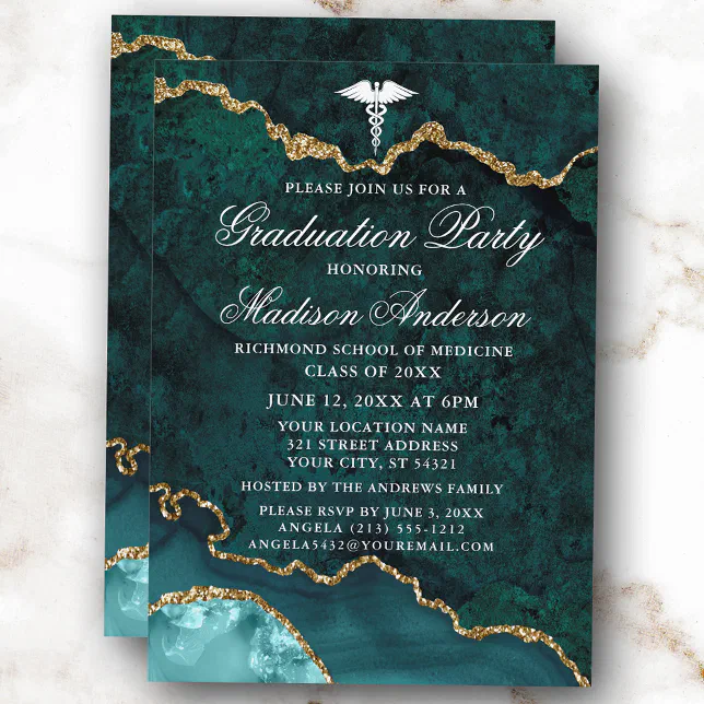 Watercolor Teal Marble Medical Graduation Party Invitation | Zazzle