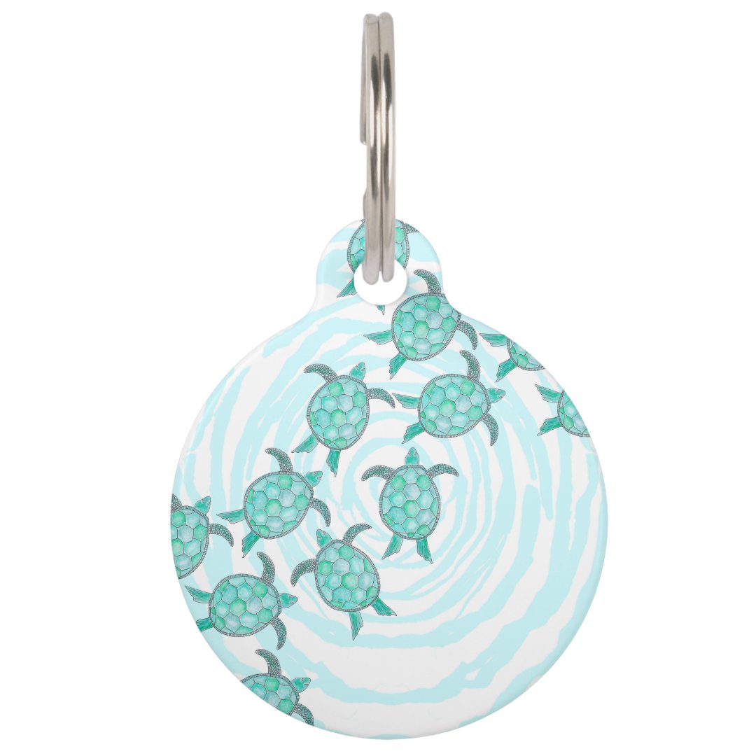 Watercolor Teal Sea Turtles on Swirly Stripes Pet Name Tag | Zazzle