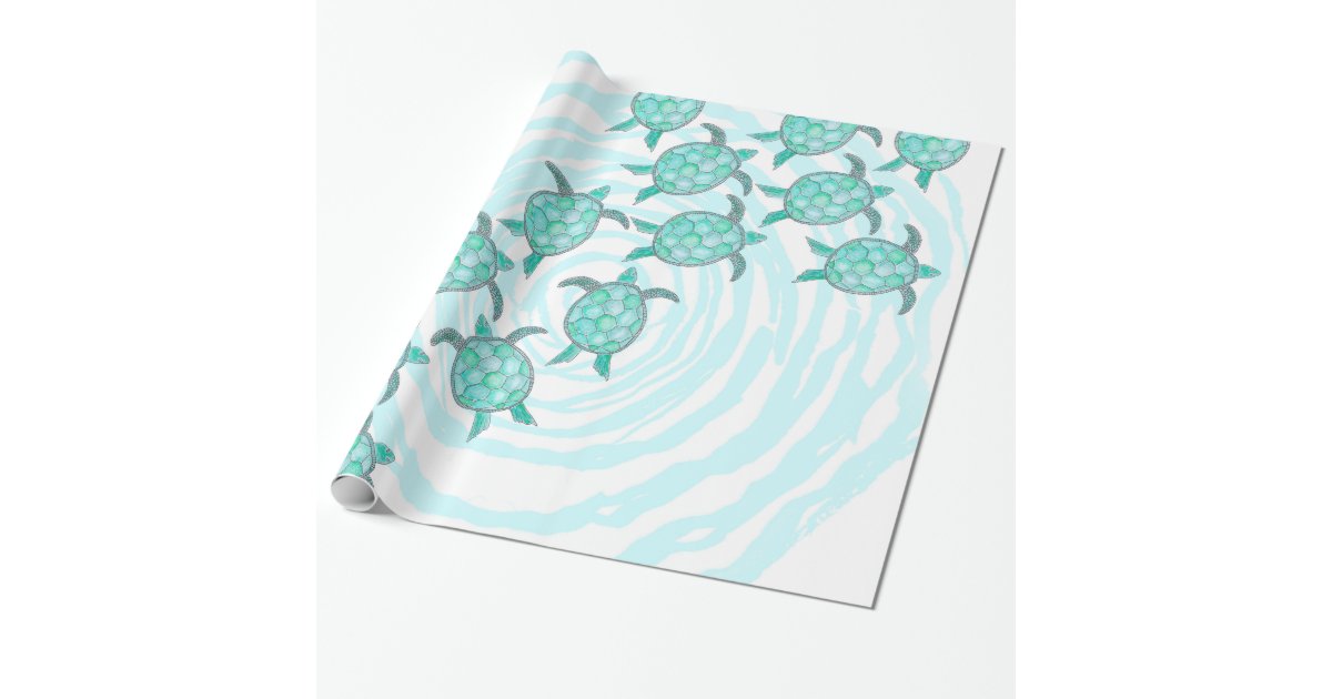Watercolor Teal Sea Turtles on Swirly Stripes Wrapping Paper | Zazzle