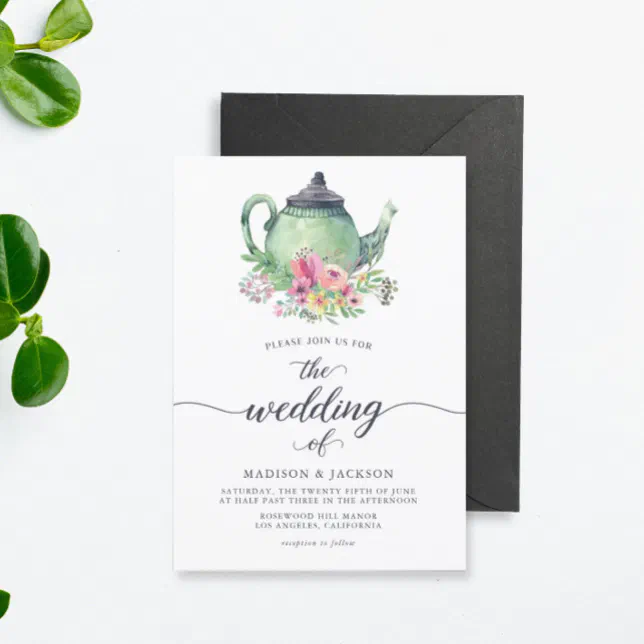Watercolor Teapot and Floral Wedding Invitation | Zazzle