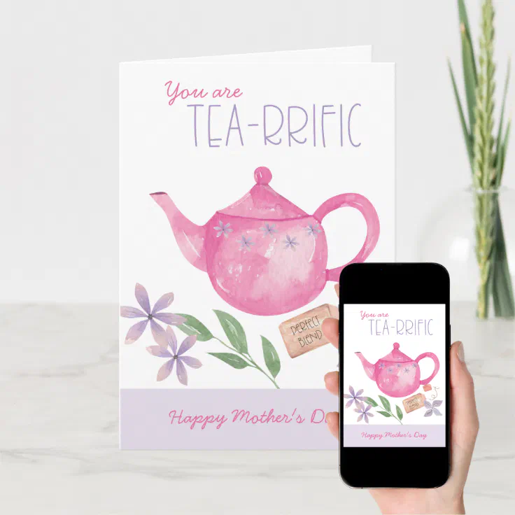 Watercolor Teapot Tea-rrific Mother's Day Card | Zazzle