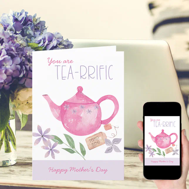 Watercolor Teapot Tea-rrific Mother's Day Card | Zazzle