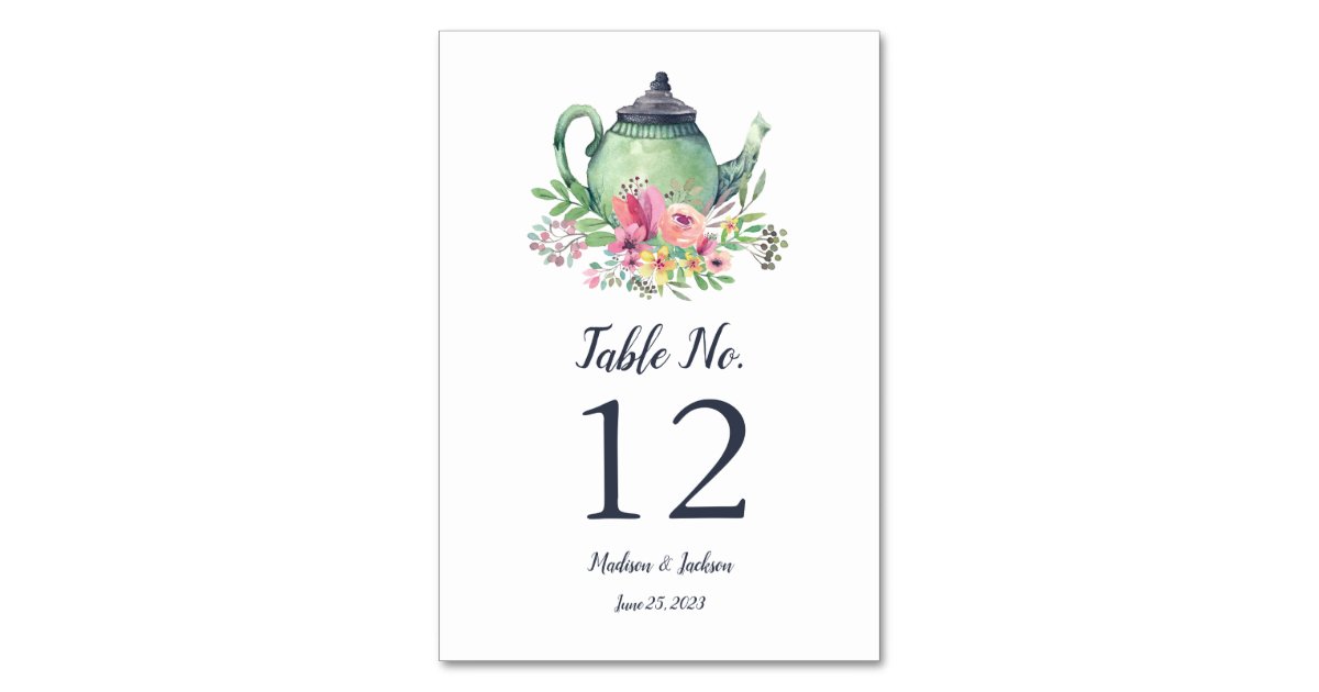 Watercolor Teapot Wedding Table Number | Zazzle