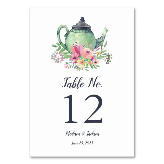 Watercolor Teapot Wedding Table Number | Zazzle