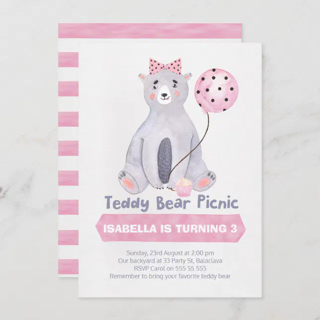 Watercolor Teddy Bear Picnic Birthday Invitation | Zazzle