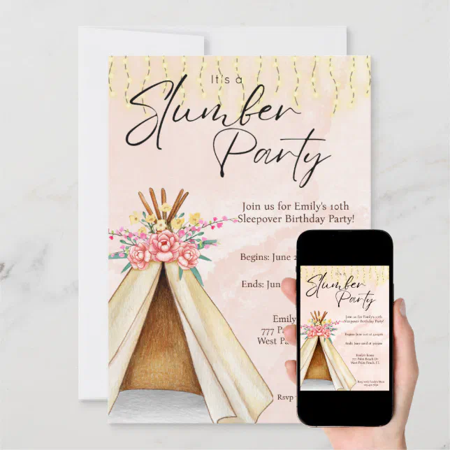 Watercolor Teepee Tent Slumber Party Birthday Invitation | Zazzle