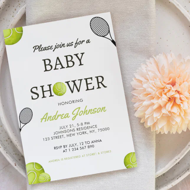 Watercolor Tennis Ball & Racket Player Baby Shower Save The Date | Zazzle