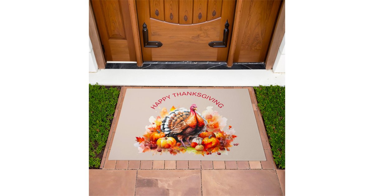 Watercolor Thanksgiving Turkey and Pumpkins Doormat | Zazzle