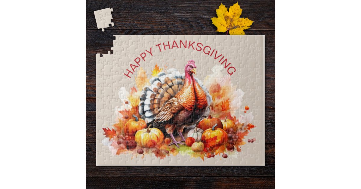 Watercolor Thanksgiving Turkey and Pumpkins Jigsaw Puzzle | Zazzle