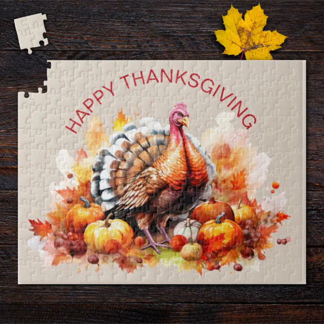 Watercolor Thanksgiving Turkey and Pumpkins Jigsaw Puzzle | Zazzle