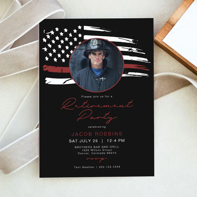 Watercolor Thin Red Line Flag Retirement Party Invitation | Zazzle