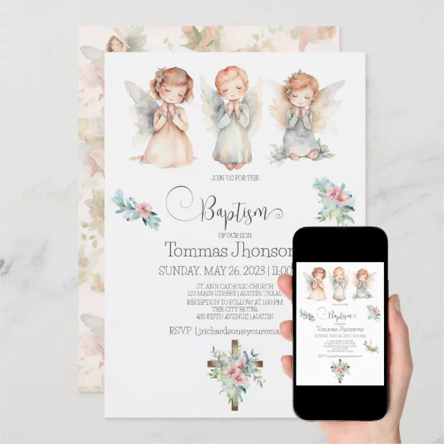 Watercolor Three Angels Baby Baptism Invitation | Zazzle