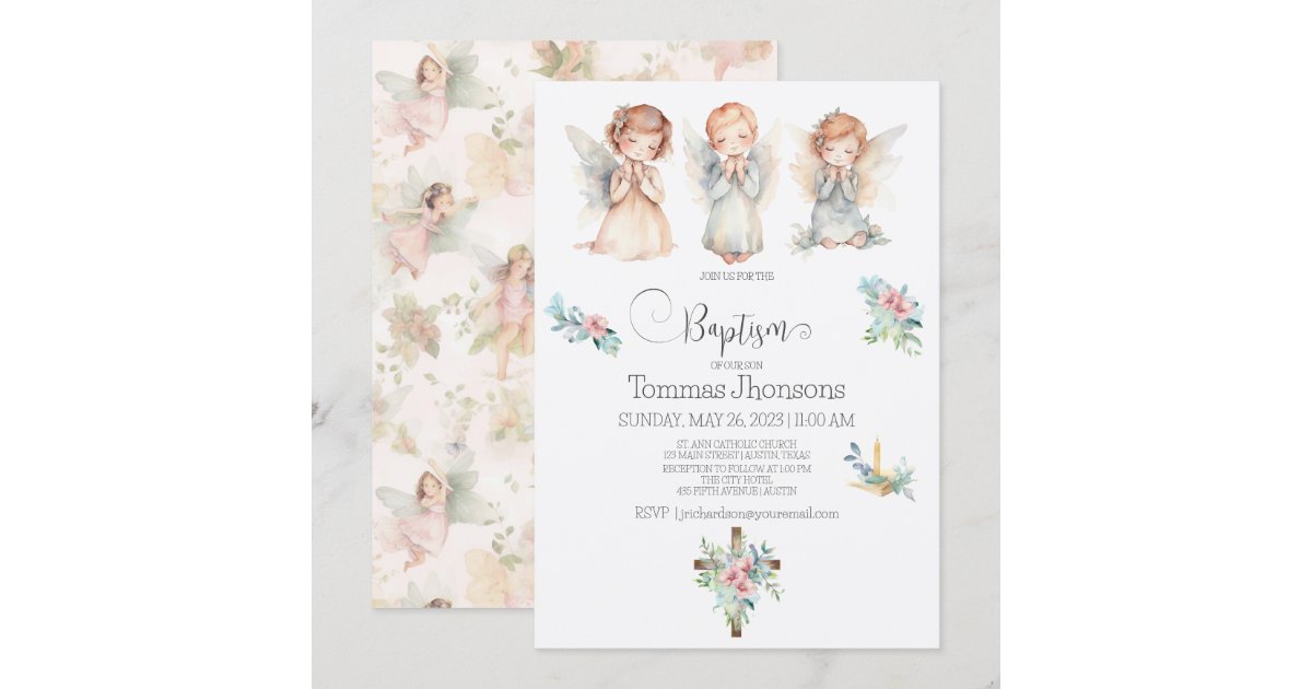 Watercolor Three Angels Baby Baptism Invitation | Zazzle