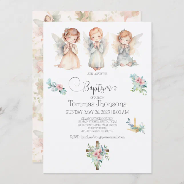 Watercolor Three Angels Baby Baptism Invitation | Zazzle