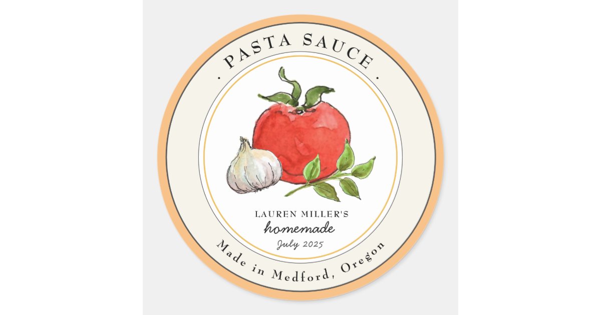 Watercolor Tomato garlic Pasta sauce Classic Round Sticker | Zazzle