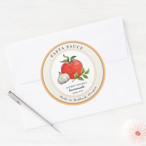 Watercolor Tomato garlic Pasta sauce Classic Round Sticker | Zazzle