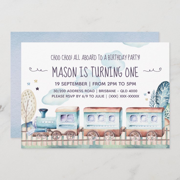 Watercolor Train Birthday Party Invitation | Zazzle