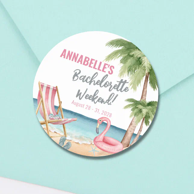 Watercolor Tropical Beach Bachelorette Party Classic Round Sticker | Zazzle