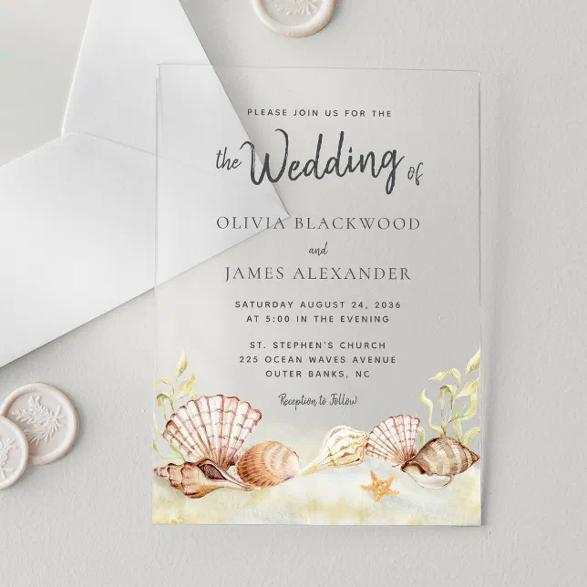 Watercolor Tropical Beach Seashells Wedding Acrylic Invitations | Zazzle