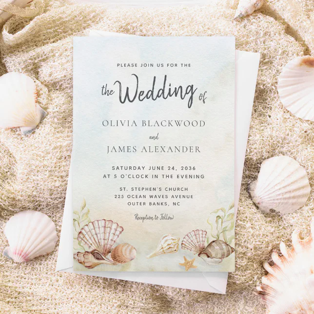 Watercolor Tropical Beach Seashells Wedding Invitation | Zazzle