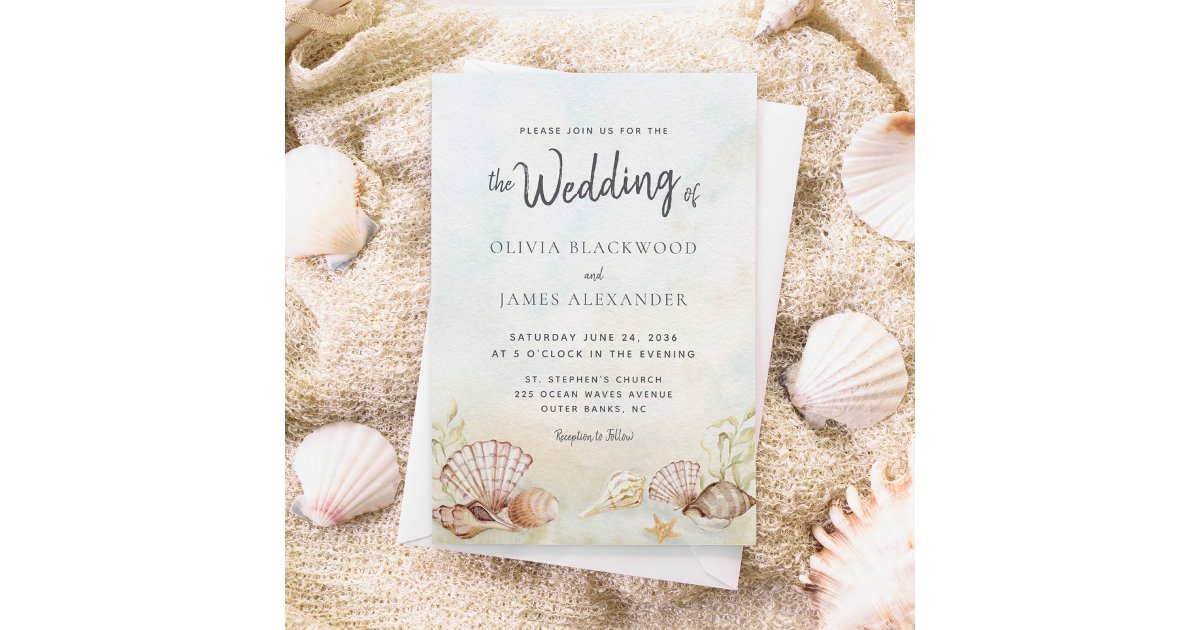 Watercolor Tropical Beach Seashells Wedding Invitation | Zazzle