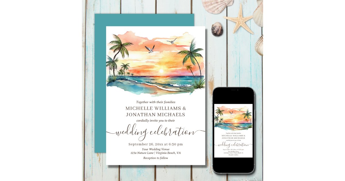 Watercolor Tropical Beach Sunset Wedding Invitation | Zazzle