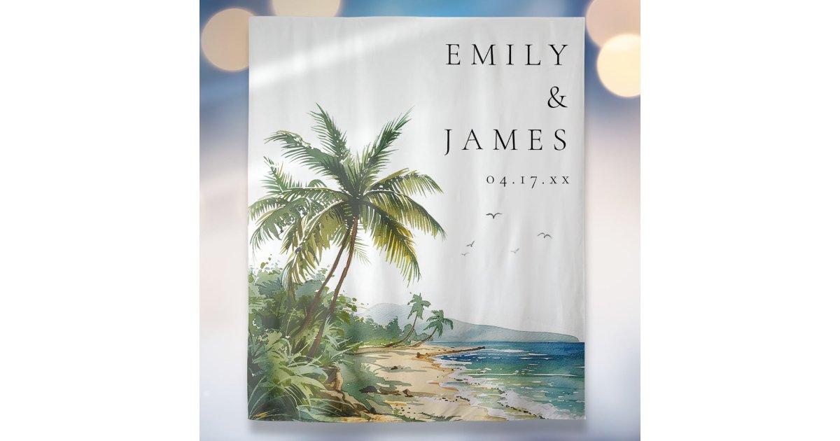 Watercolor Tropical Beach Wedding Photo Backdrop | Zazzle
