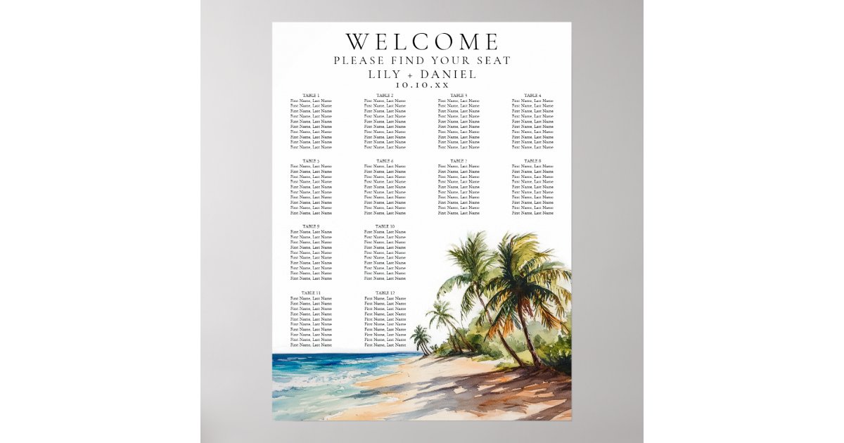 Watercolor Tropical Beach Wedding Seating Chart | Zazzle