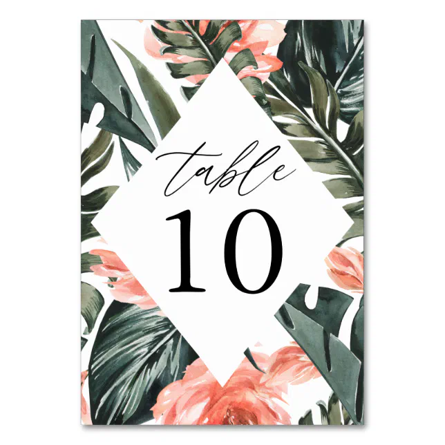 Watercolor Tropical Coral Flowers Frame Wedding Table Number | Zazzle