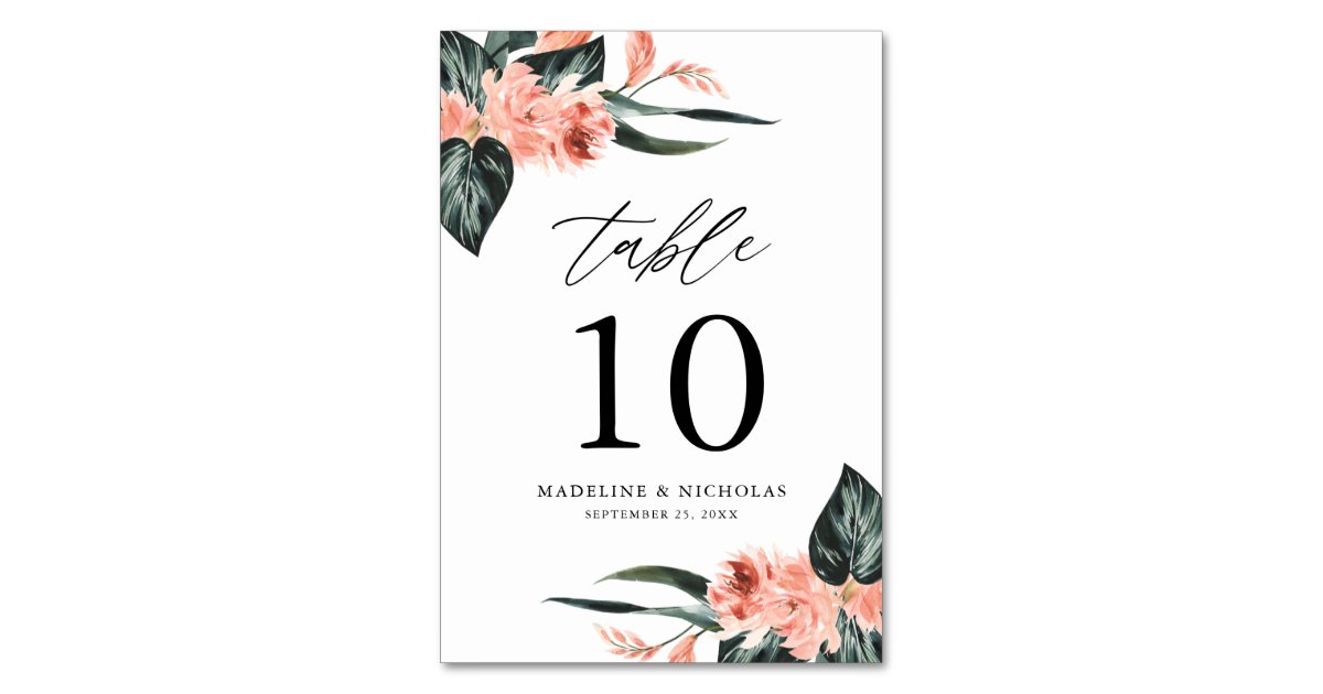 Watercolor Tropical Coral Flowers Wedding Table Number | Zazzle